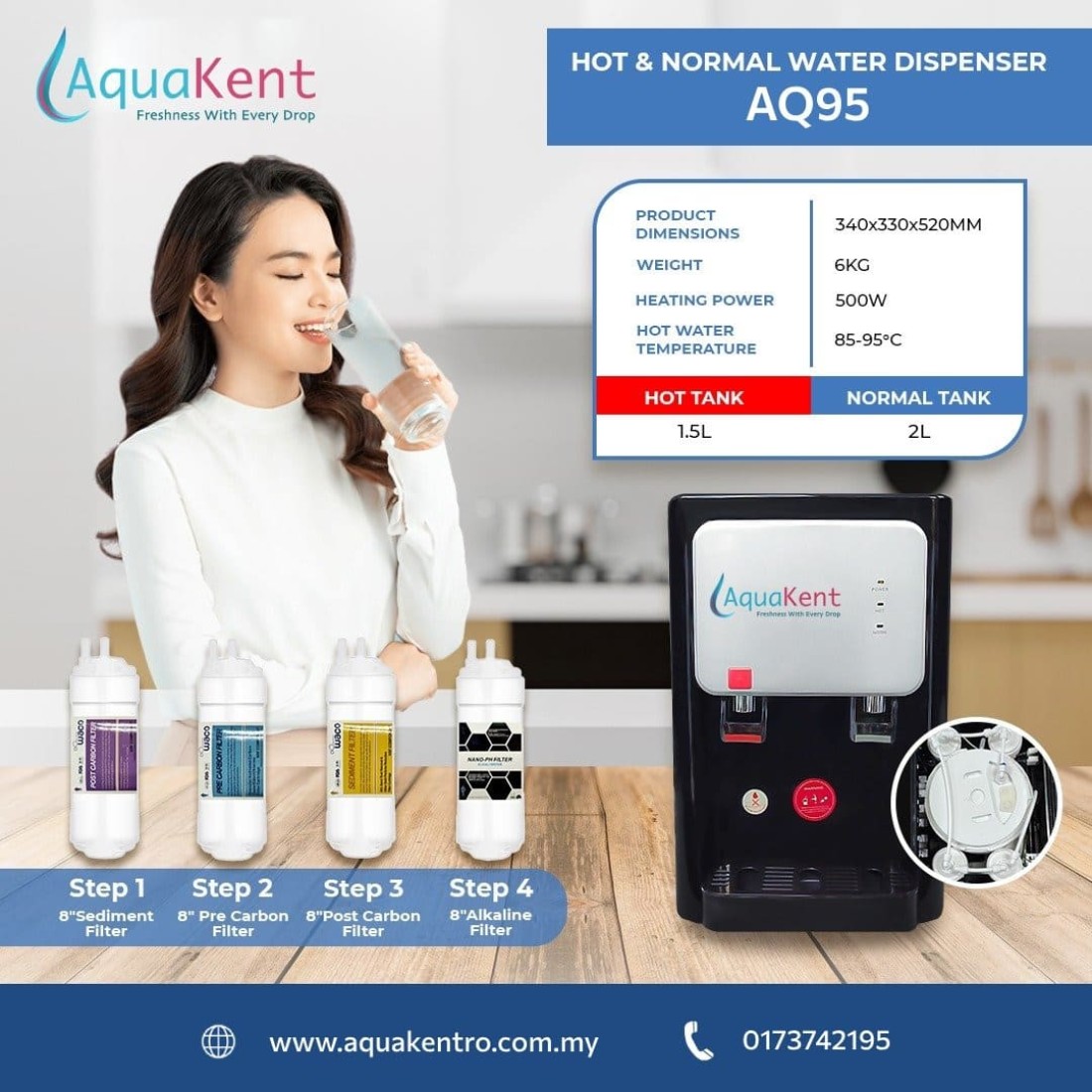 AQ95 Aqua Kent Hot And Normal Direct Pipe in Water Filter Water ...